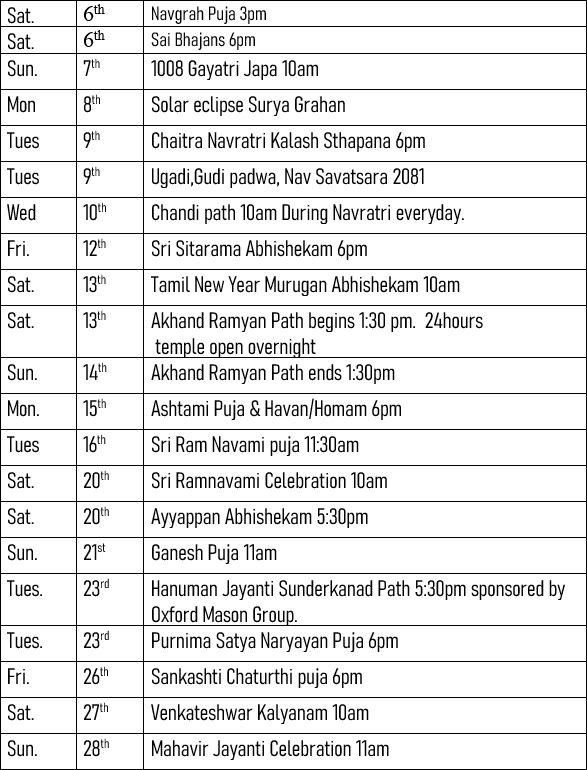 Events Calendar – Hindu Temple of Greater Cincinnati